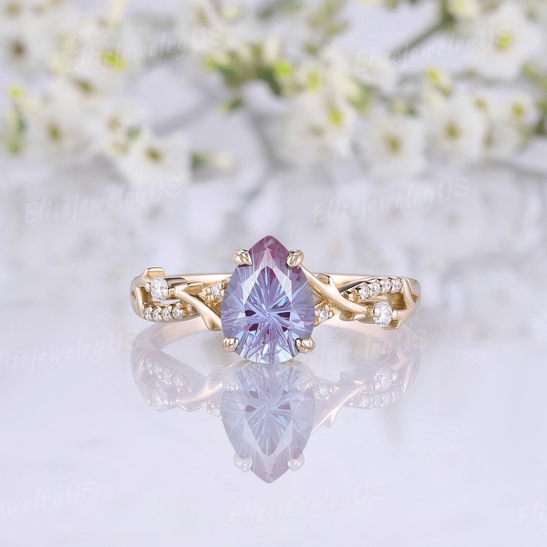 Firework Cut Alexandrite Engagement Ring Solid Gold Pear Cut ...
