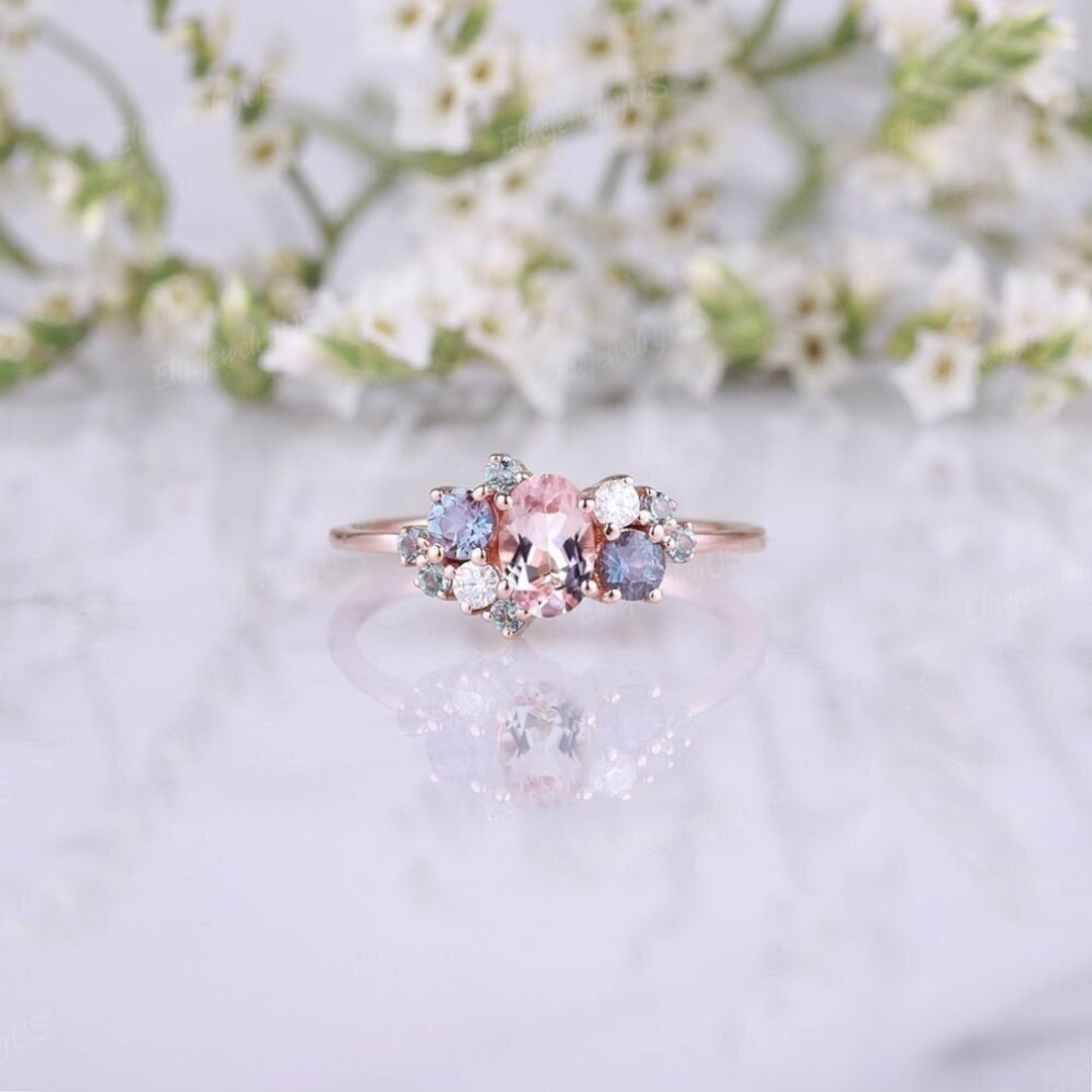 Dainty Oval Morganite Engagement Ring Rose Gold Alexandrite Cluster ...