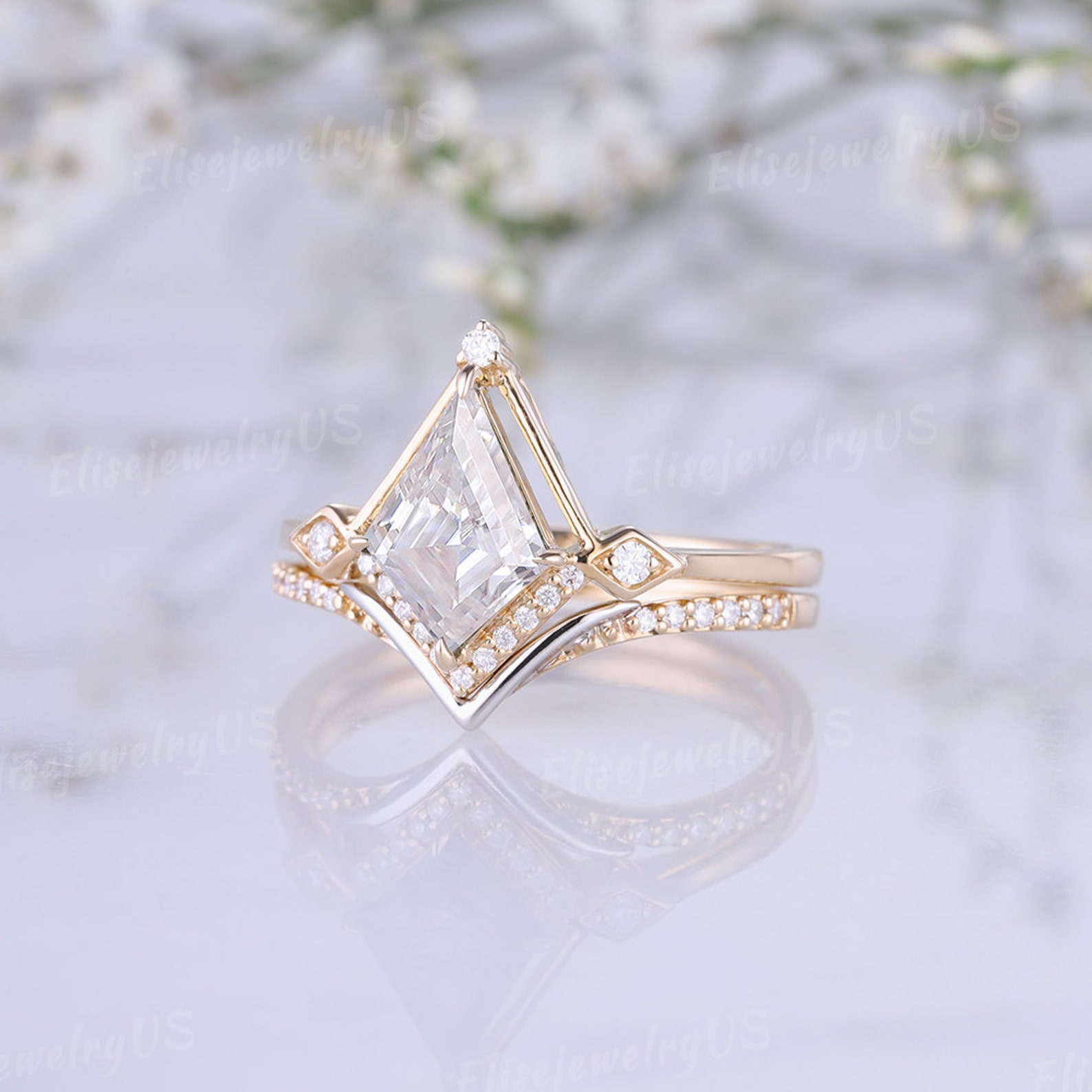 Kite Cut Moissanite Engagement Ring Set Dainty Gold Ring Diamond ...