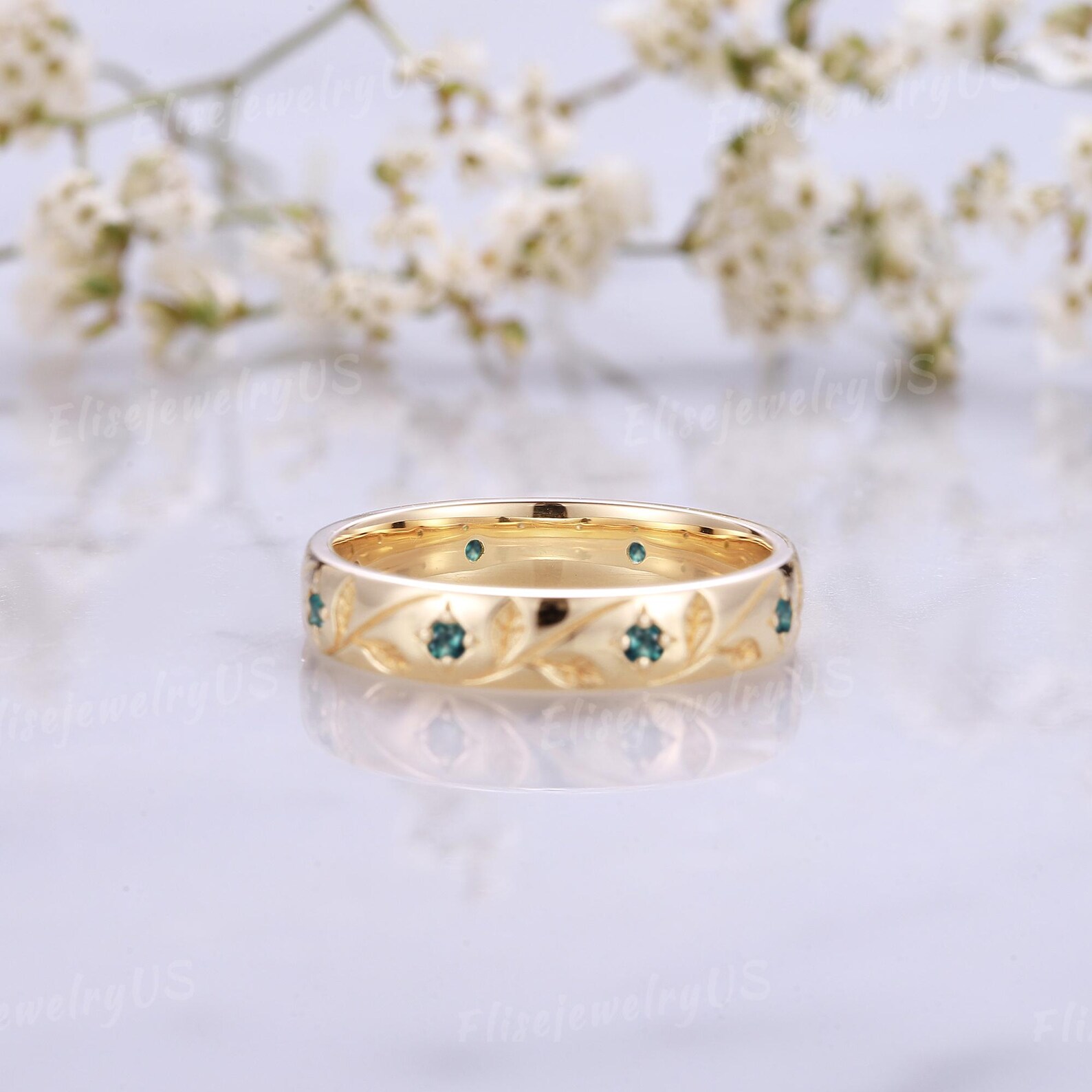 Nature Inspired Leaf Wedding Band Solid Gold Ring Green Blue Sapphire ...
