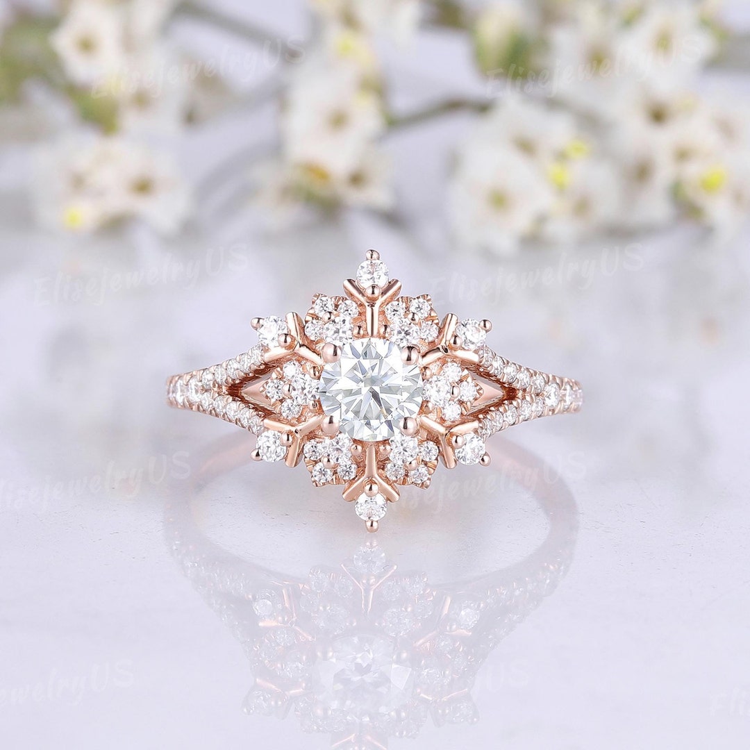 Delicate Winter Snowflake Ring Rose Gold Wedding Ring Round Cut Diamond ...