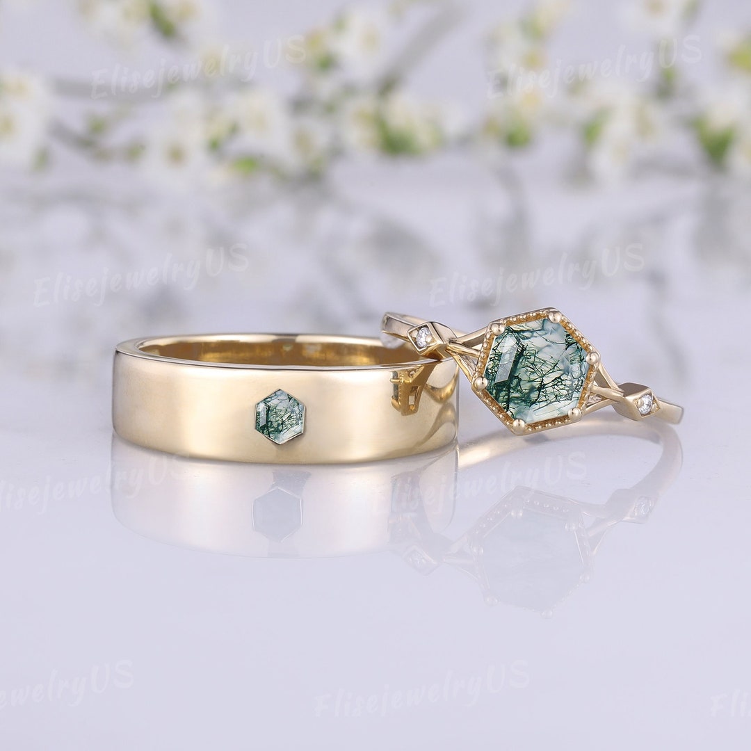 Art Deco Couple Rings Set Unique Hexagon Cut Moss Agate Wedding Rings ...