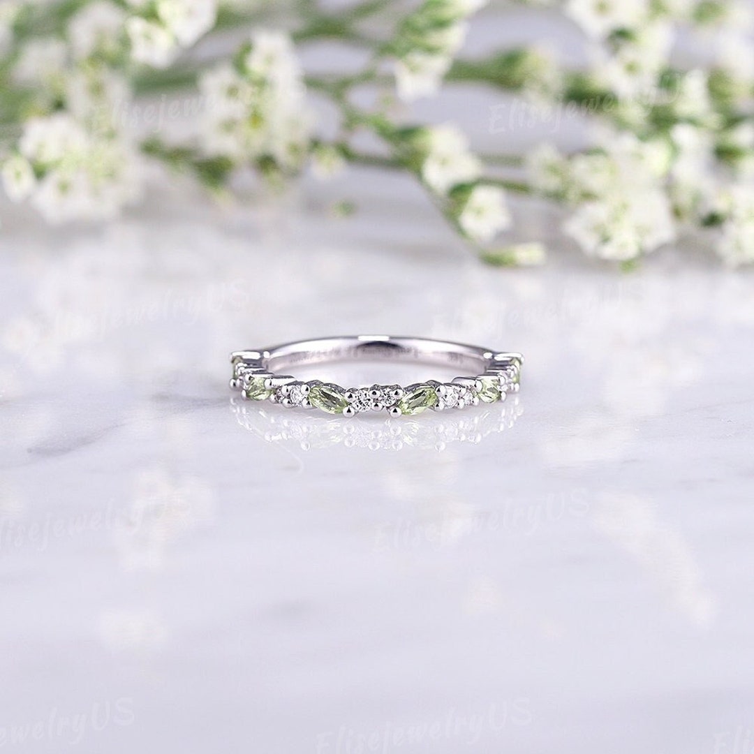 White Gold Peridot Wedding Band Women Marquise Cut Peridot Wedding Band ...