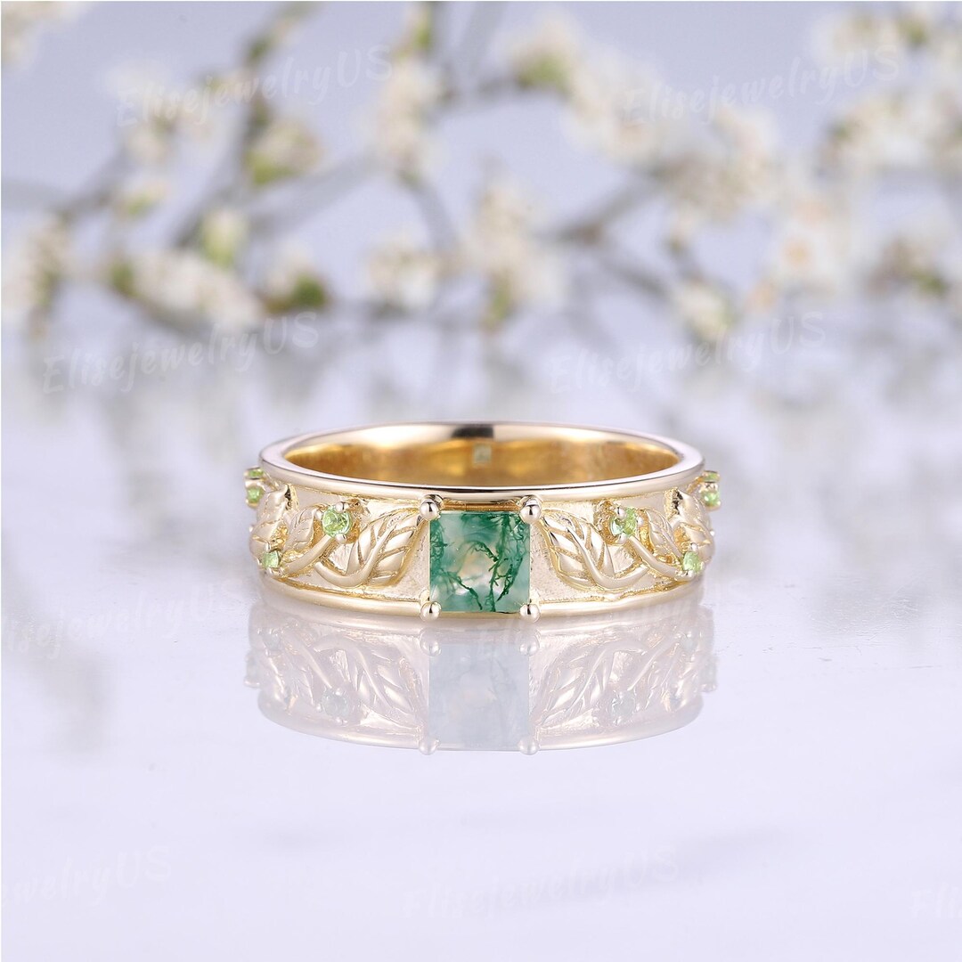 Leaf Mens Ring Princess Cut Moss Agate Wedding Band Engagement Ring ...
