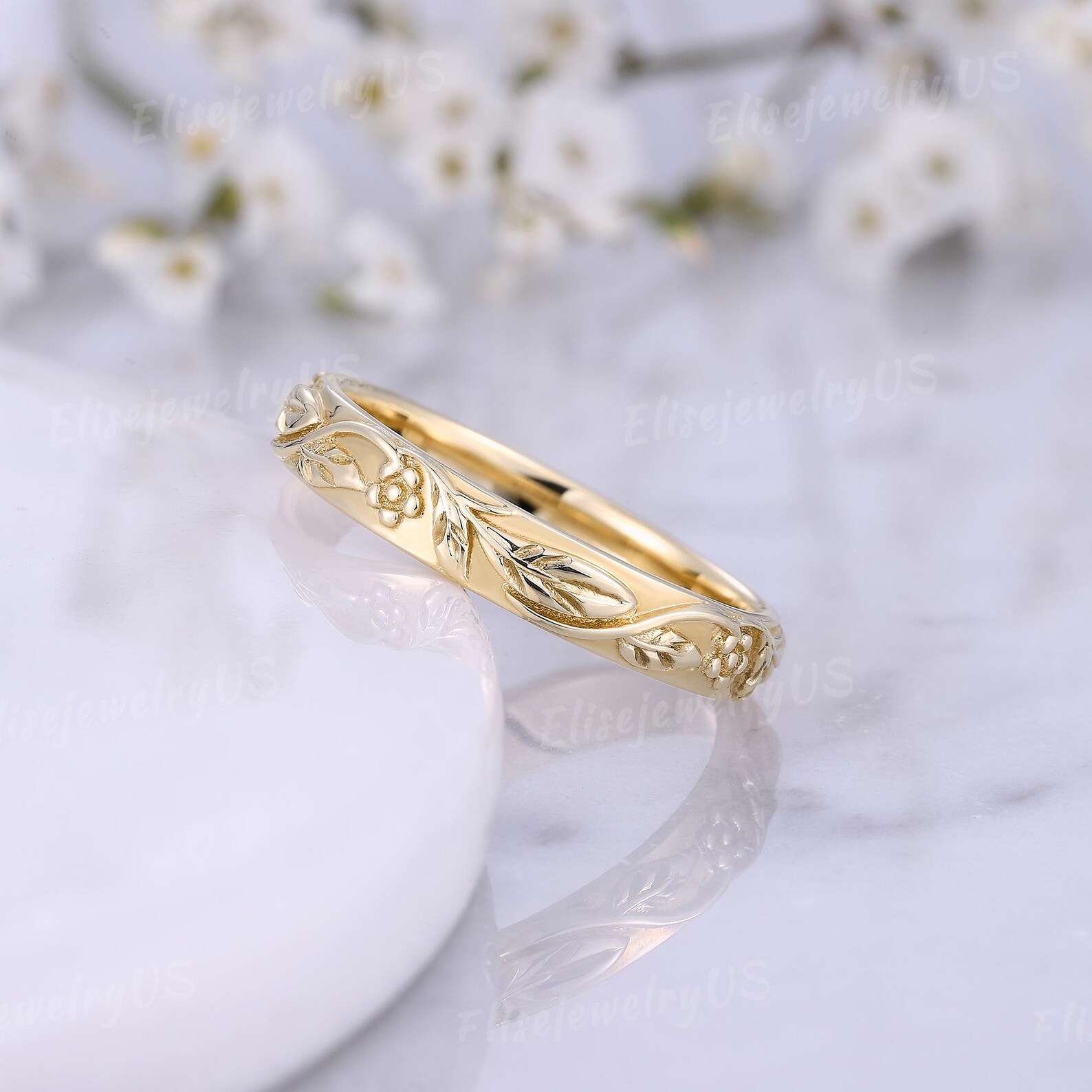 Delicate Nature Inspired Leaf Floral Wedding Band for Men Solid Gold ...