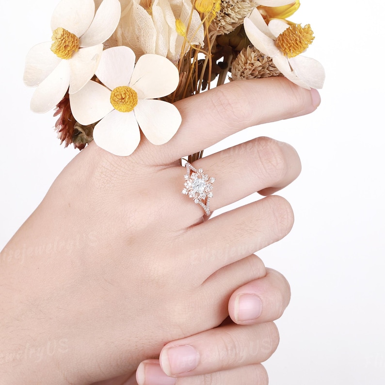 Delicate Winter Snowflake Ring Rose Gold Wedding Ring Round Cut Diamond ...
