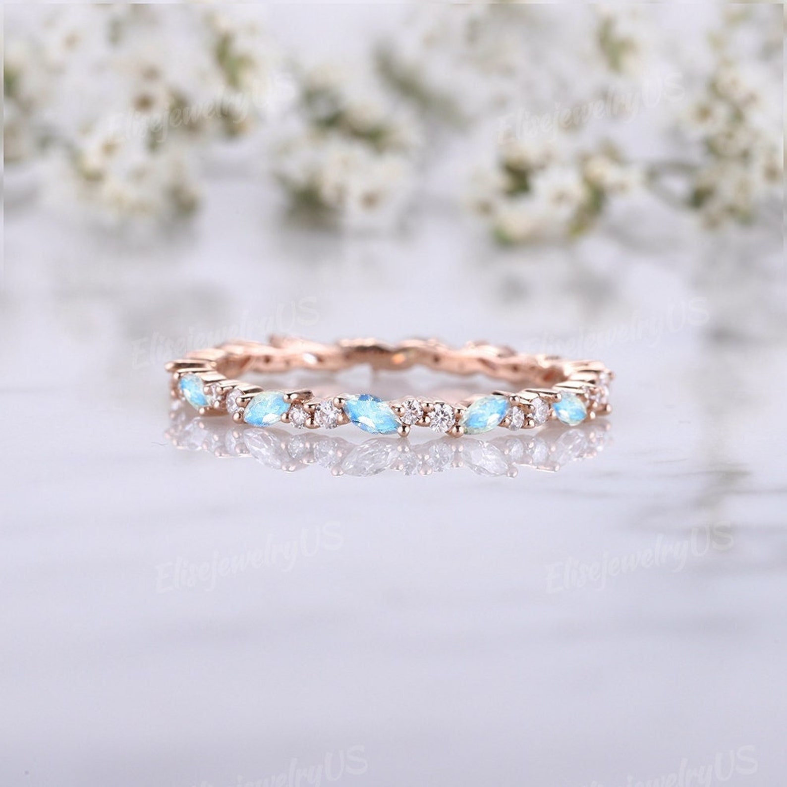 Moonstone Wedding Band Women Rose Gold Marquise Moonstone Band - Etsy