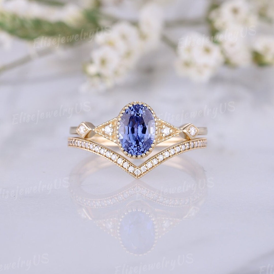 Oval Sapphire Engagement Ring Set Yellow Gold Dainty Cornflower Blue ...