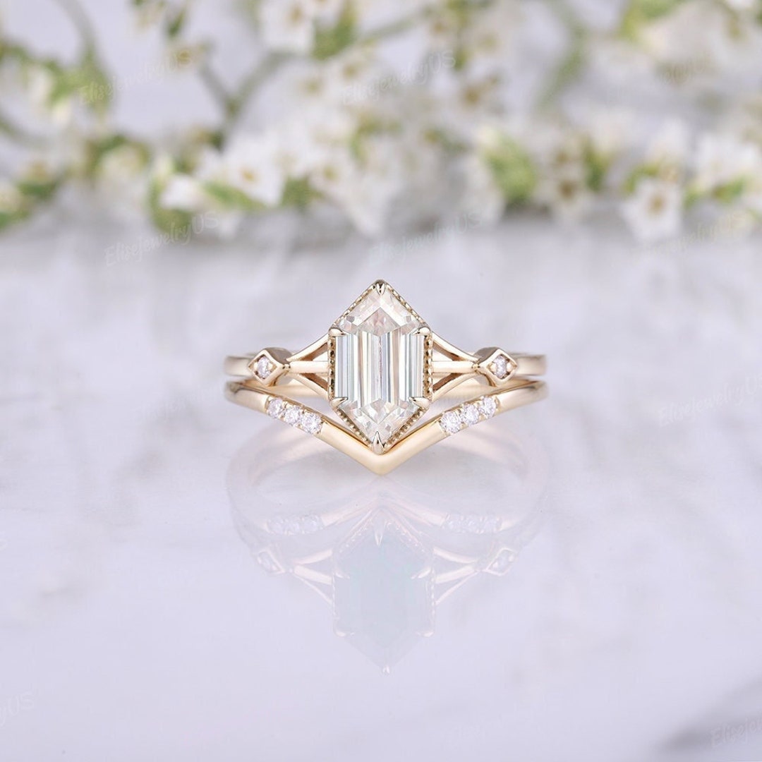 Long Hexagon Cut Moissanite Engagement Ring Set Unique Solid Gold Ring ...