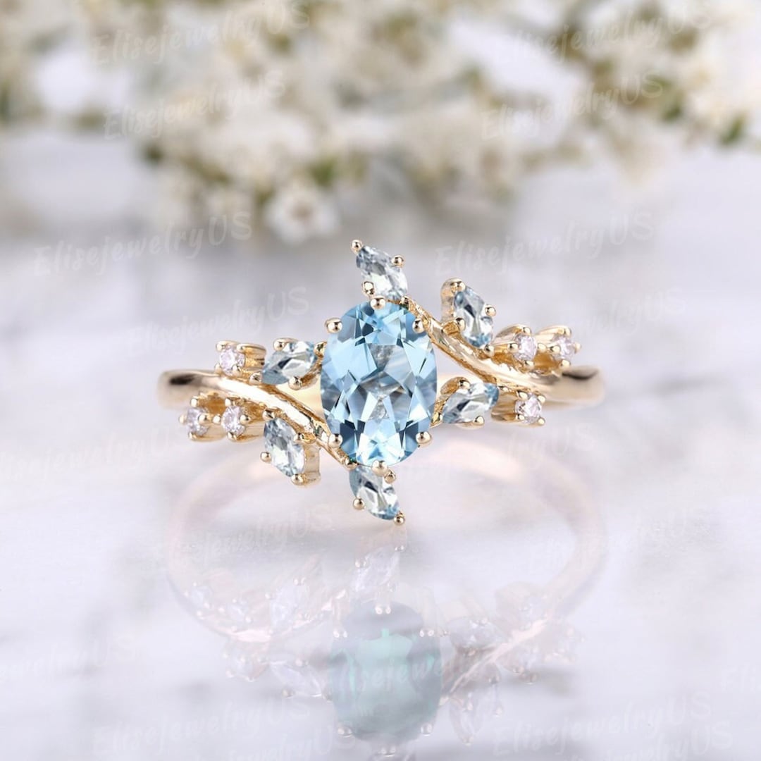 Unique Aquamarine Engagement Ring Women Nature Inspired Gold Ring ...
