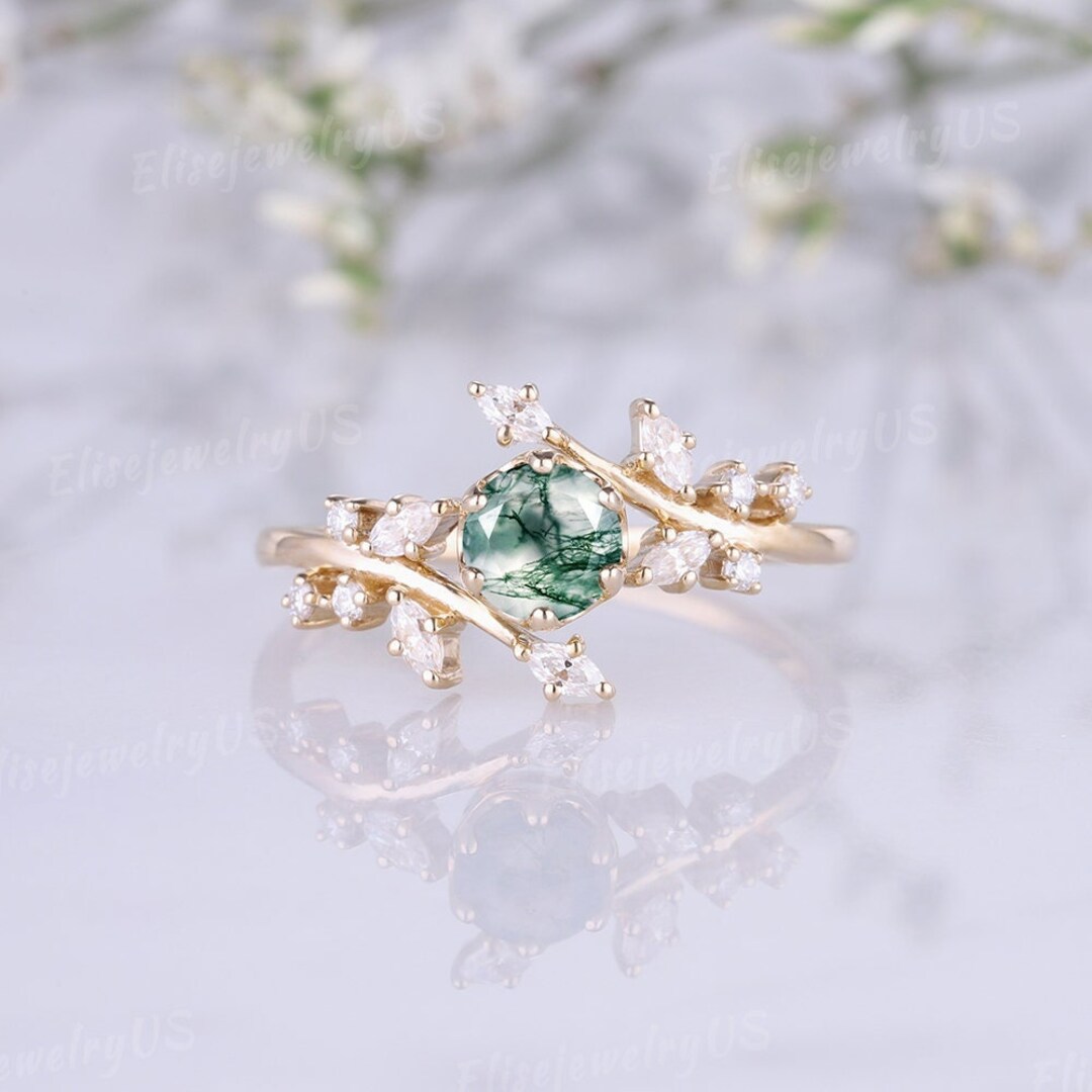 Branch Round Cut Moss Agate Engagement Ring Gold Ring Unique Promise ...