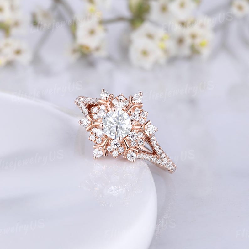 Delicate Winter Snowflake Ring Rose Gold Wedding Ring Round Cut Diamond ...