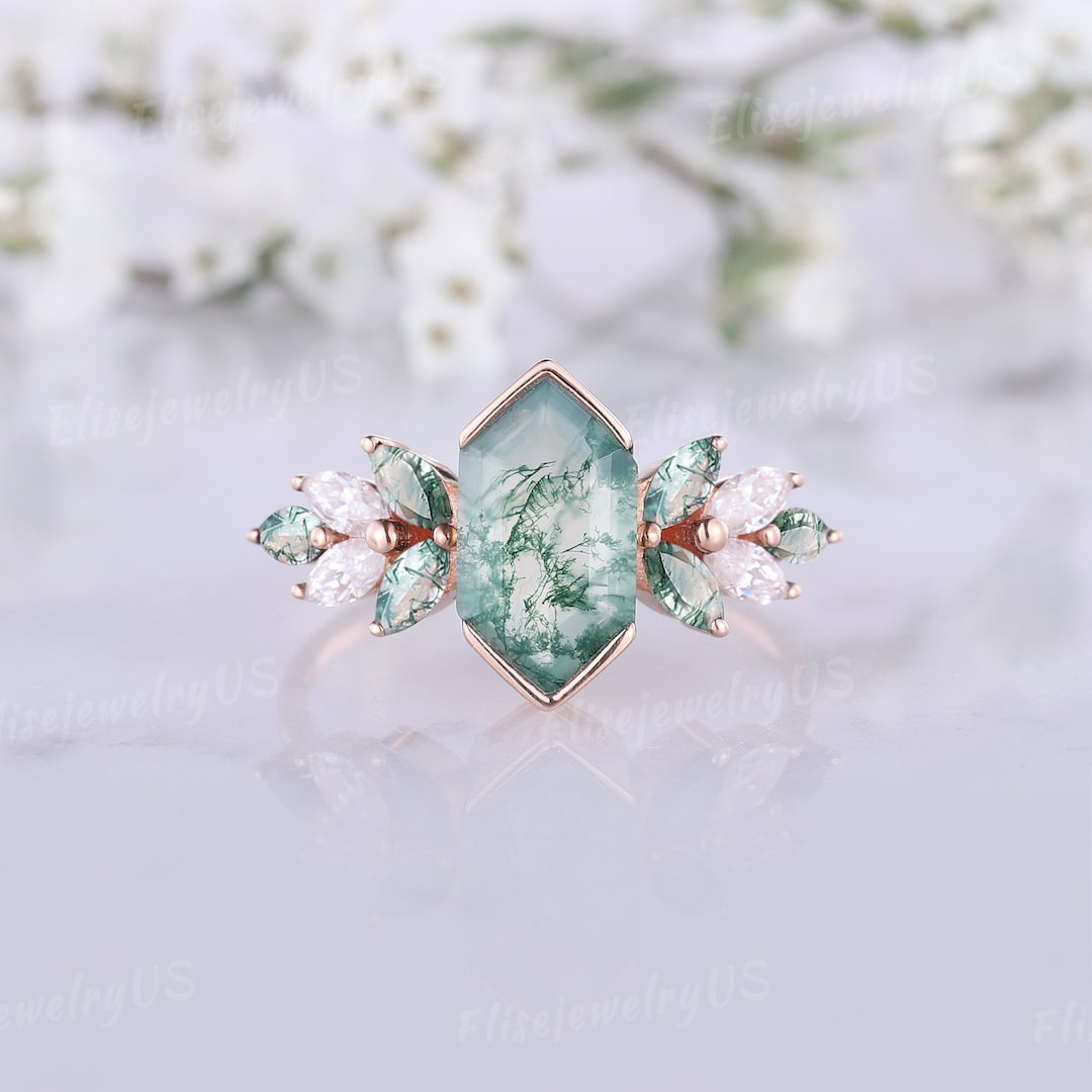 Hexagon Cut Moss Agate Engagement Ring Nature Inspired 14k Rose Gold ...