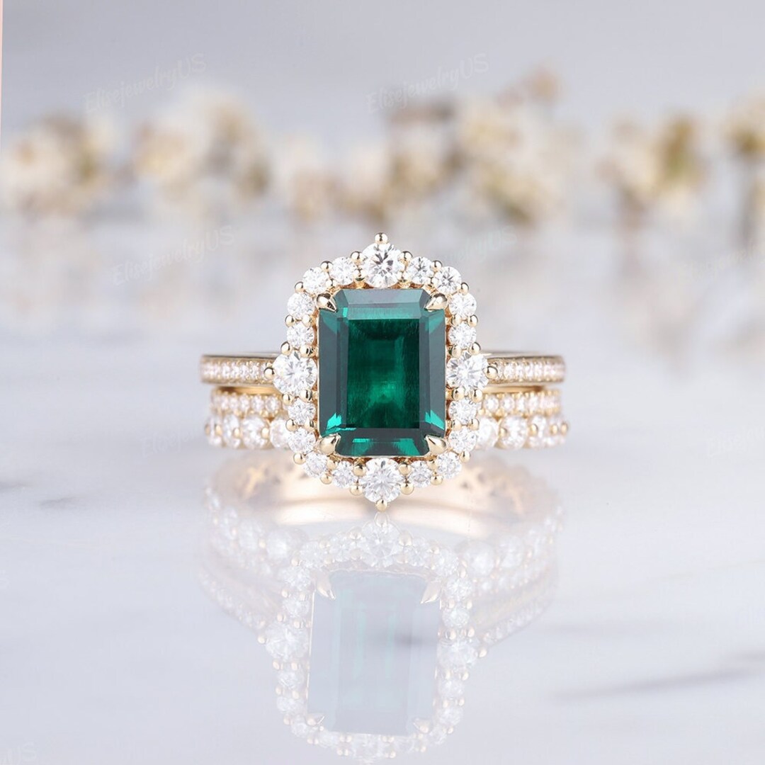 Emerald Cut Emerald Engagement Ring Set Women Rose Gold Unique Wedding ...