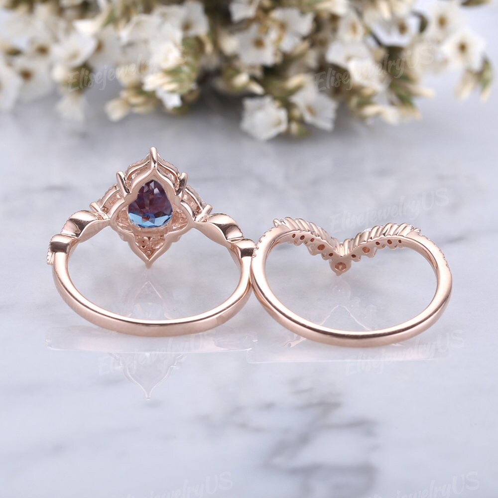 Vintage Tear Drop Cut Alexandrite Engagement Ring Set Art Deco - Etsy