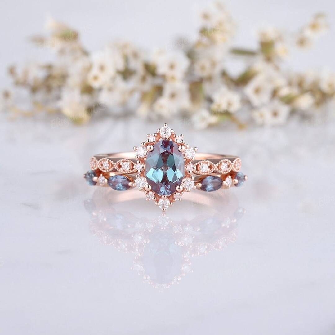 Dainty Oval Cut Alexandrite Engagement Ring Set Rose Gold Straight ...