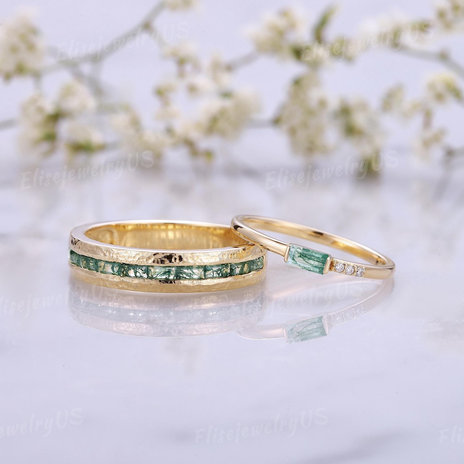 Moss Agate Wedding Band Couple Wedding Ring Set Handmade Bridal Ring ...
