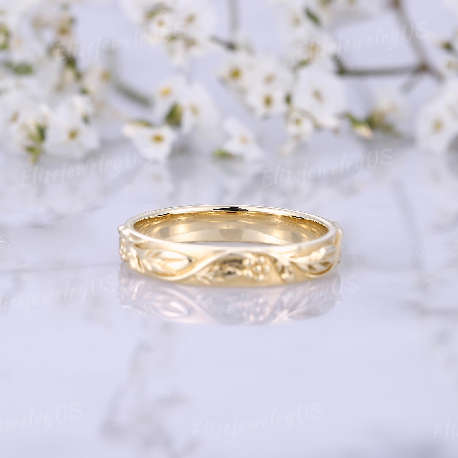 Delicate Nature Inspired Leaf Floral Wedding Band for Men Solid Gold ...