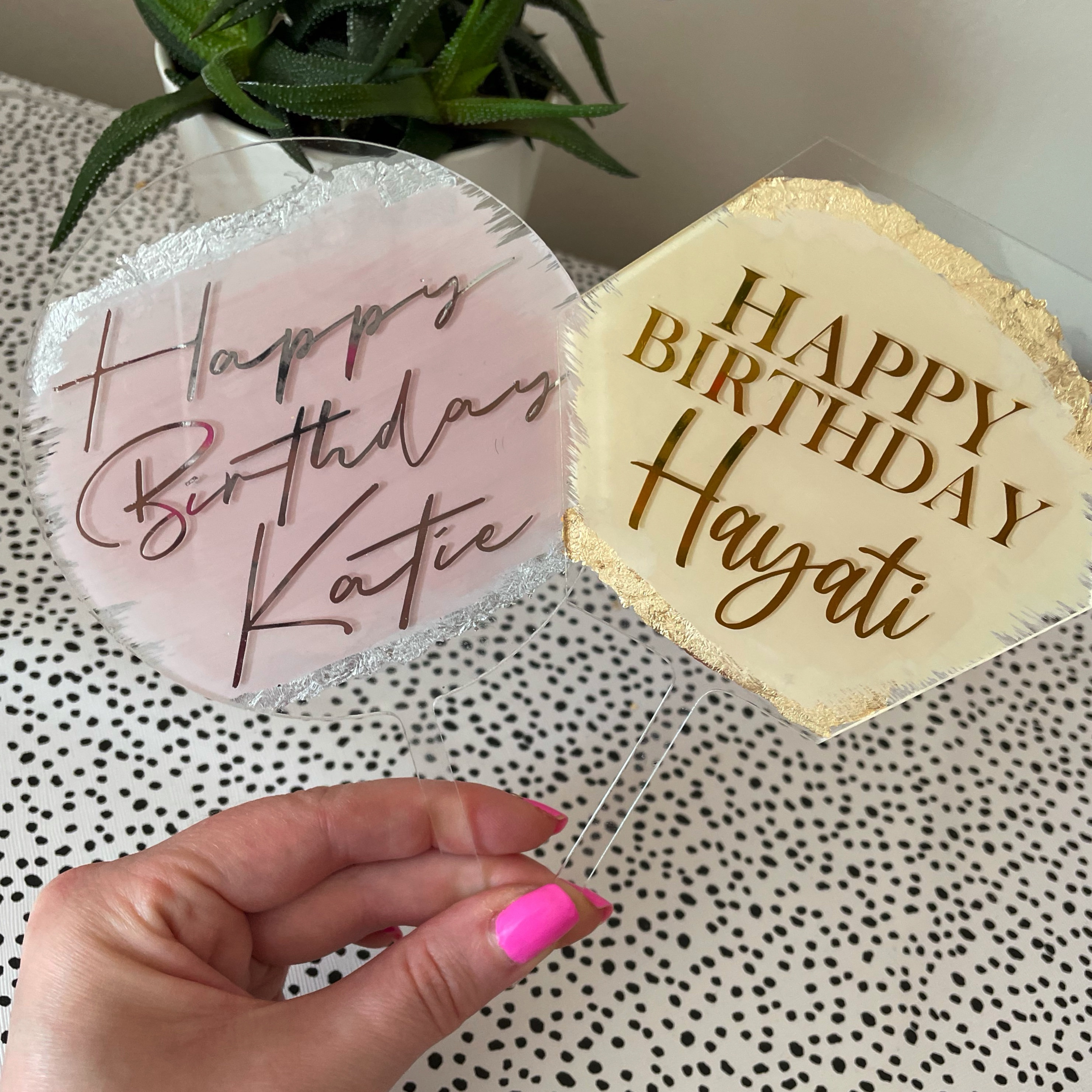 Personalised Round Acrylic Cake Topper With Gold Leaf Flakes Etsy