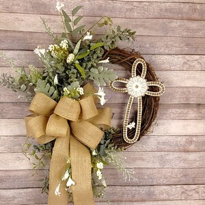 White Floral Christian Front Door Wreath With Cross, Spiritual ...