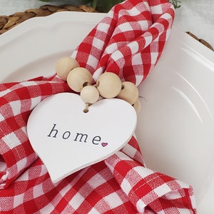 Heart Beaded Napkin Rings, Home, Love Wood Stamped, Red or Burlap Bow ...
