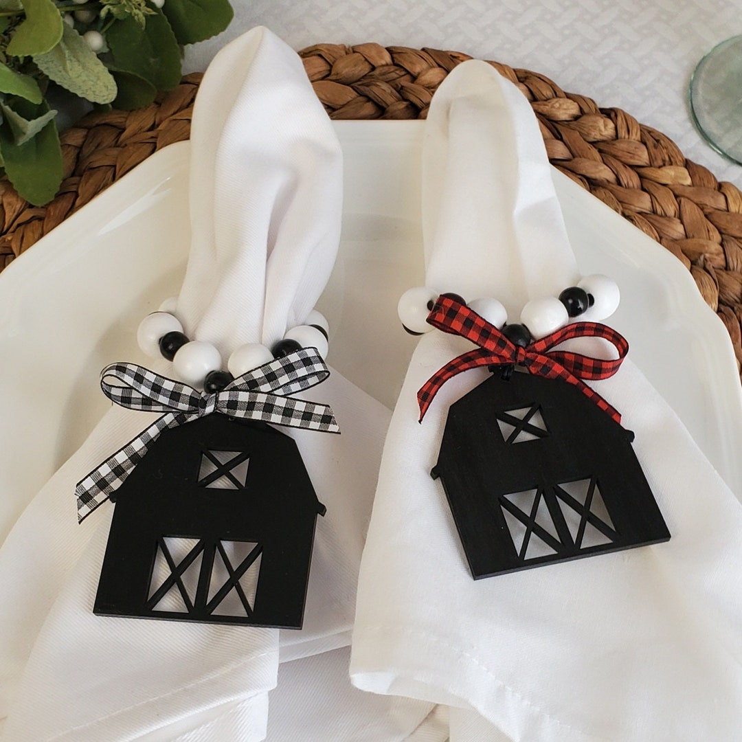 Farmhouse Bead Napkin Rings, Barn Style Buffalo Check Napkin Holder ...
