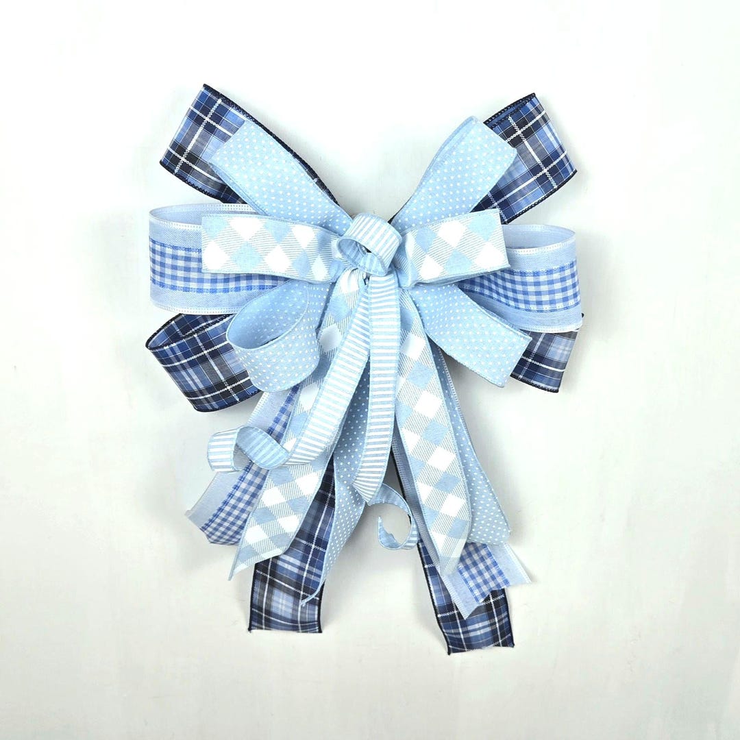 Baby Boy Wreath Bow, It's a Boy Bow, Blue Plaid Lantern Topper Bow ...