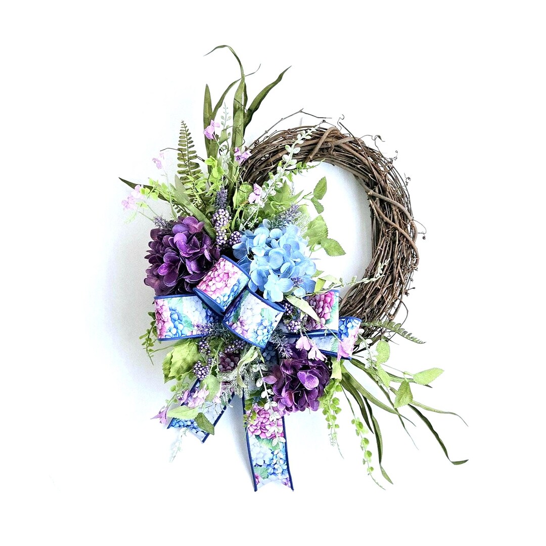 Hydrangea Wreath With Bow, Spring Hydrangea Home Decor, Blue Hydrangea ...