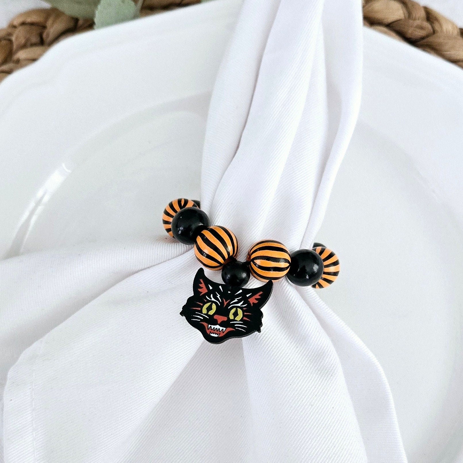 Halloween Napkin Ring, Black Cat Napkin Holder, Vintage Style Halloween ...