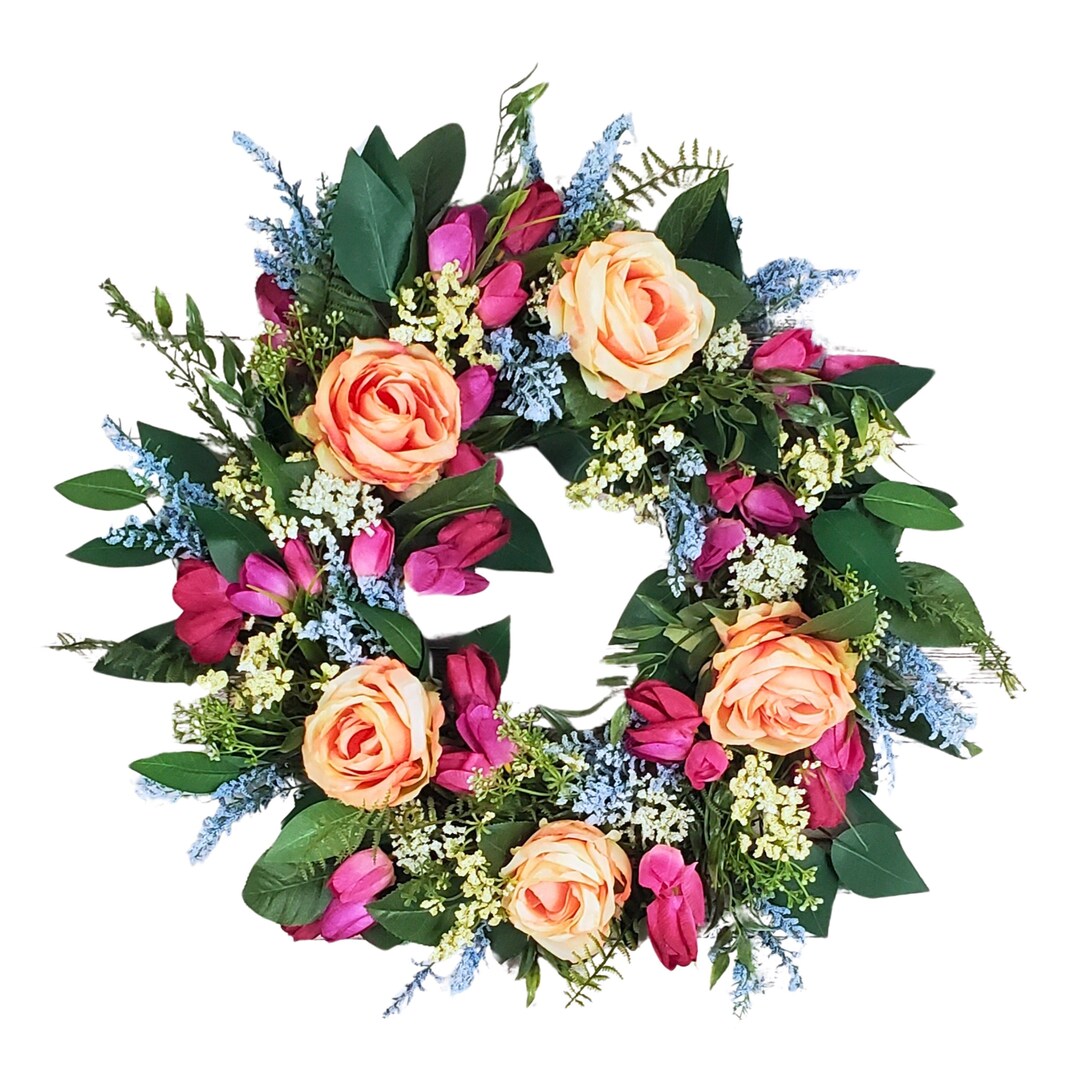 Spring Floral Wreath Centerpiece, Peach Rose and Tulip Wreath, 22 ...