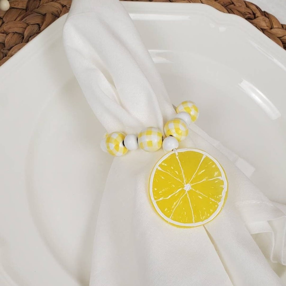 Lemon Beaded Napkin Ring, Citrus Slice Buffalo Plaid Napkin Holder ...