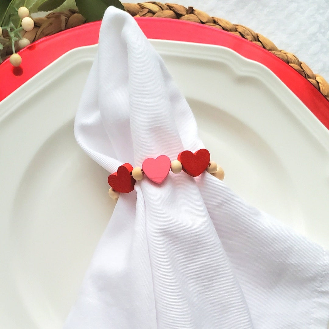Valentine Napkin Rings, Red Heart Wood Beaded Napkin Holders for ...