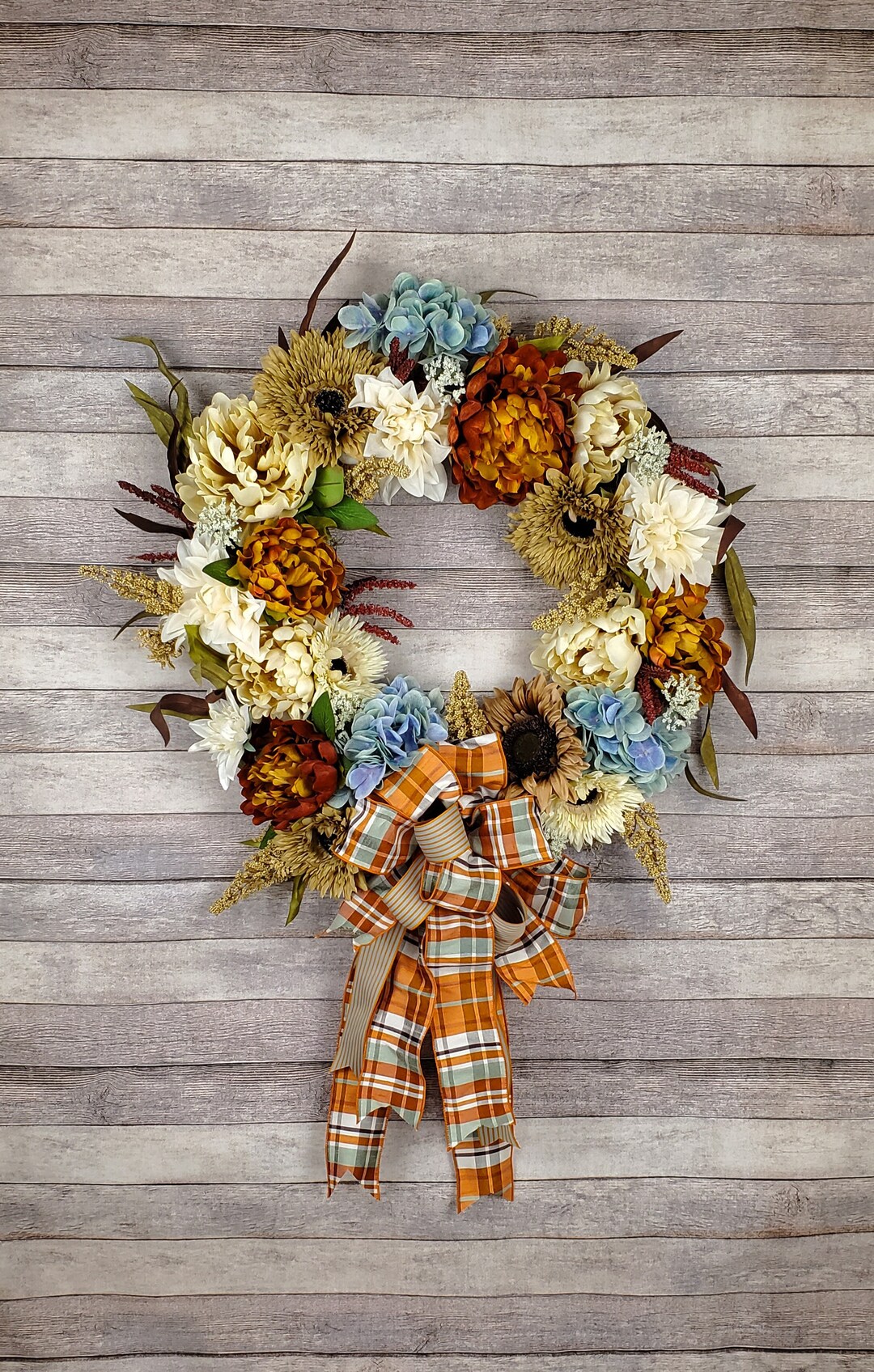 Large Copper Fall Floral Wreath for Front Door, Dahlia & Blue Hydrangea ...