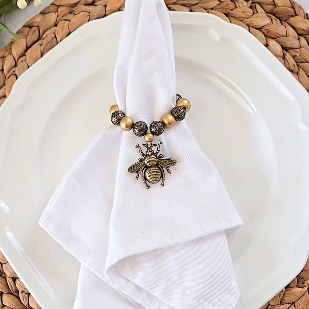 Bee Napkin Ring, Bumble Bee Napkin Holder, Bee Beaded Spring Decor, Bee ...