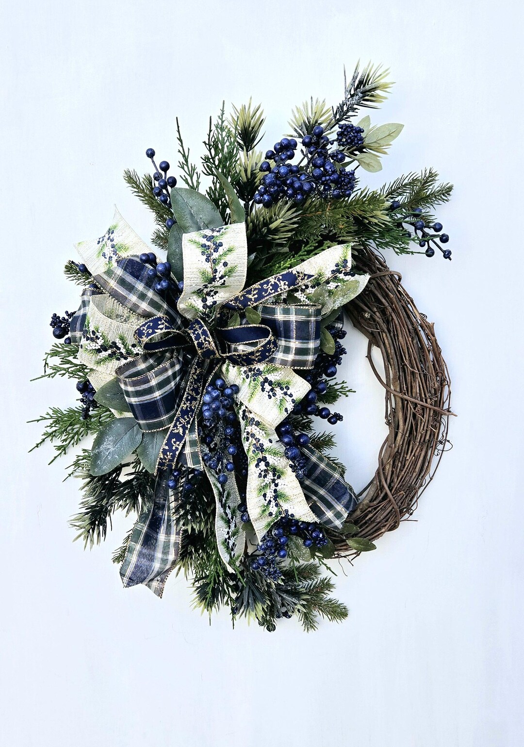 Christmas Blue Wreath, Blue Winter Berry Wreath for Christmas, Snowy ...