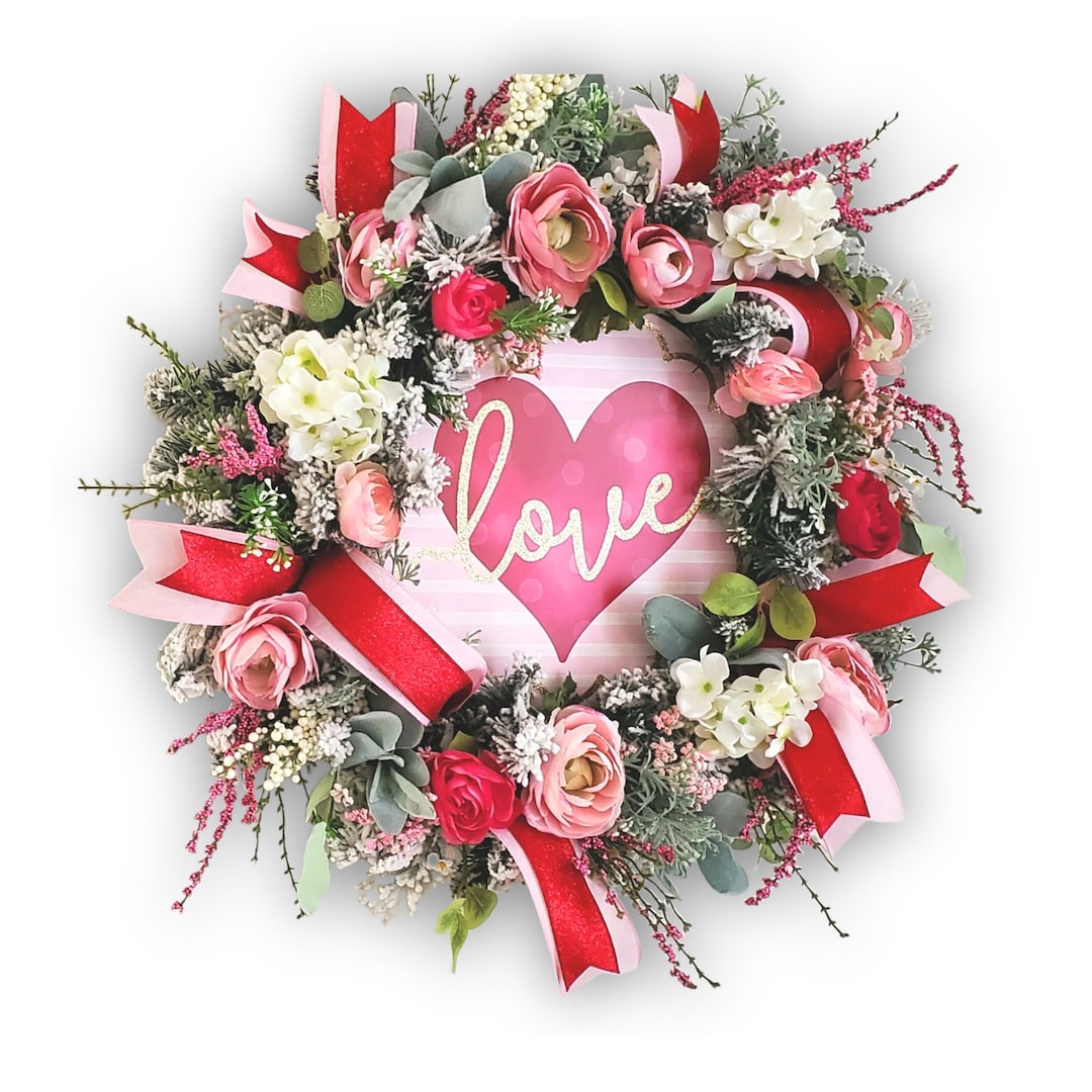 Valentine Love Wreath, Pink Floral Heart Decor, Romantic Door ...
