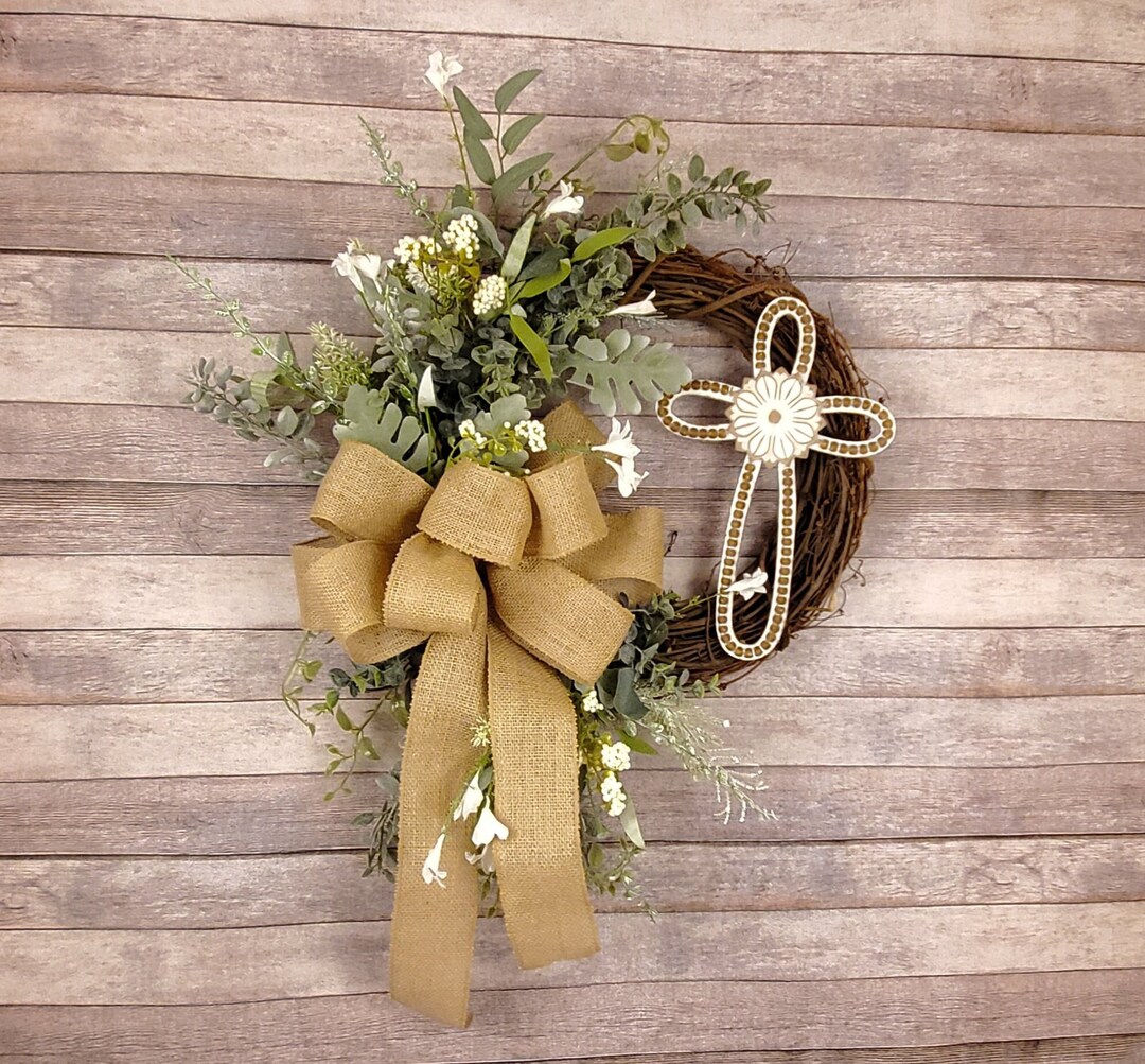 White Floral Christian Front Door Wreath With Cross, Spiritual ...