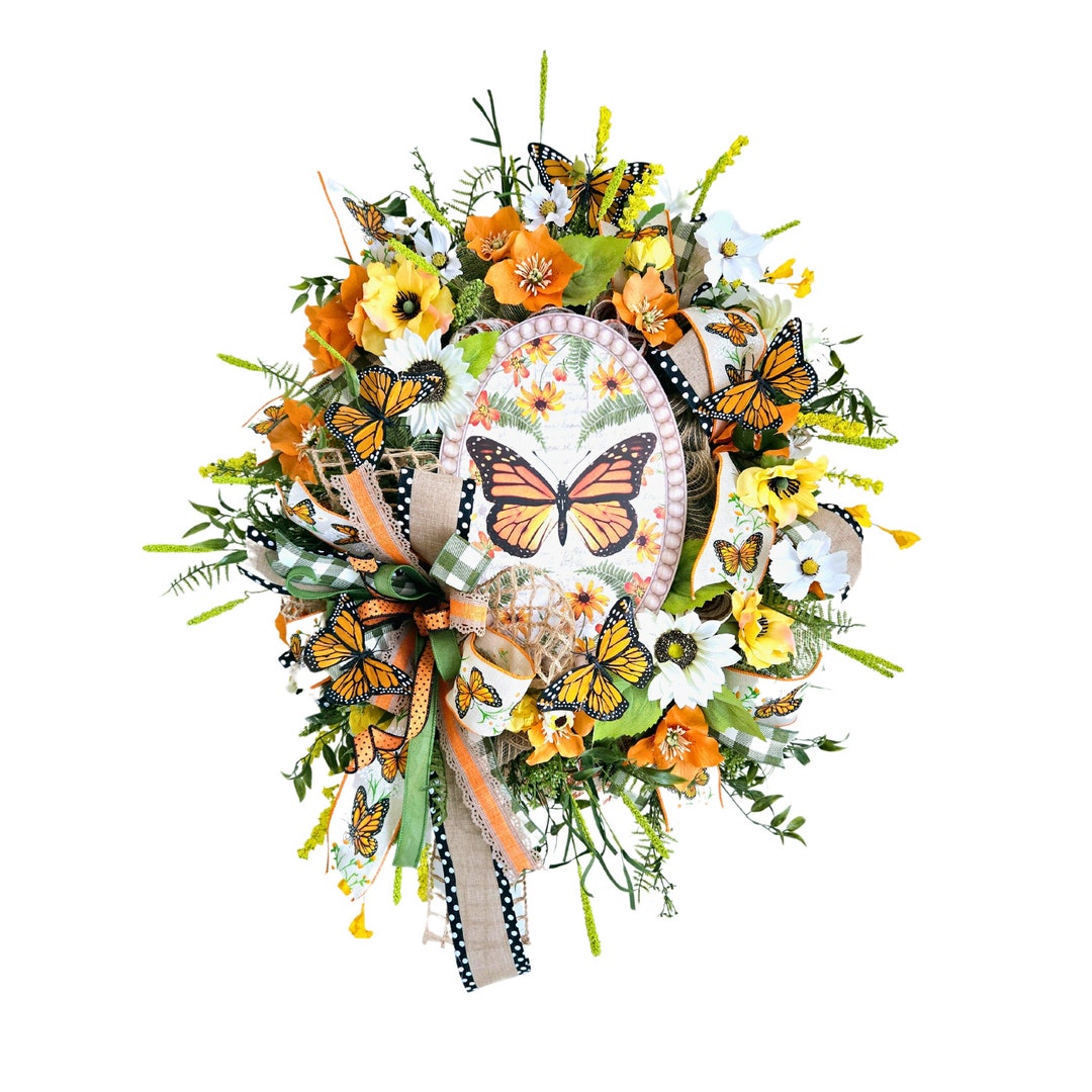 Monarch Butterfly Wreath, Summer Floral Decor, Butterfly Garden Wreath ...