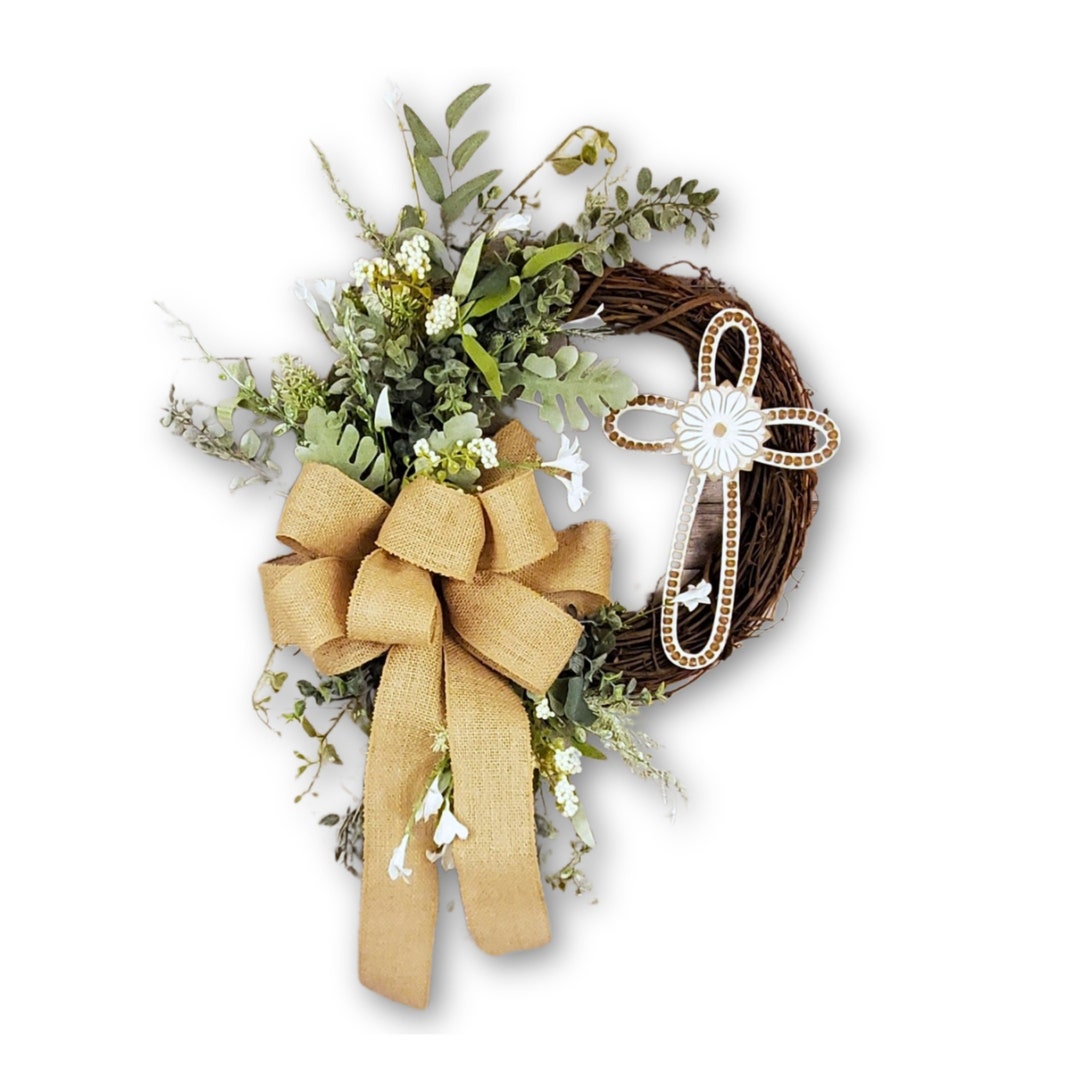 White Floral Christian Front Door Wreath With Cross, Spiritual ...
