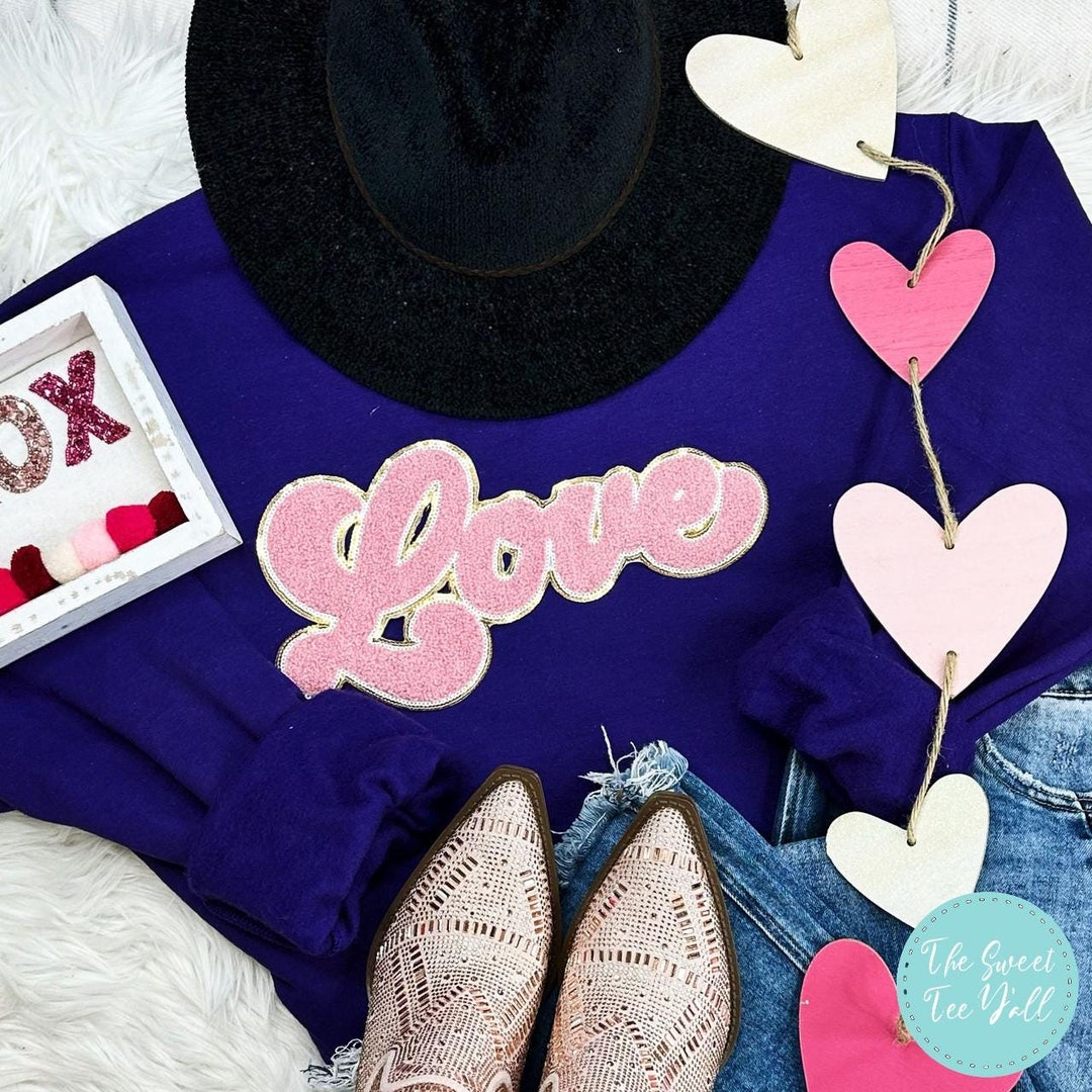 Pink Love Chenille Patch Valentines Day Sweatshirt - Valentines Day Sweatshirt - Valentine ...