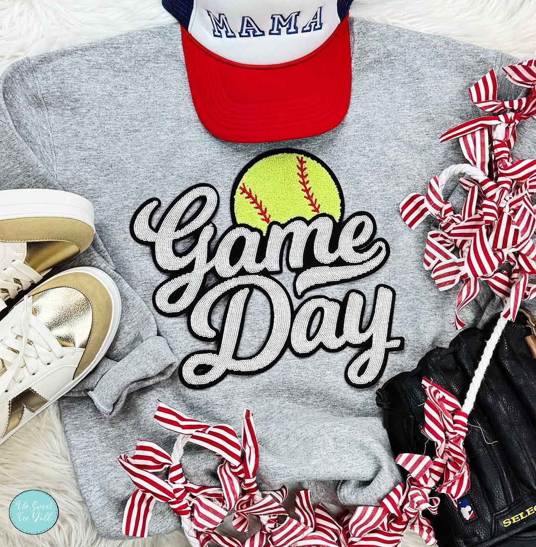 Softball Game Day Sequins Sports Crewneck Sweatshirt - Chenille Patch ...