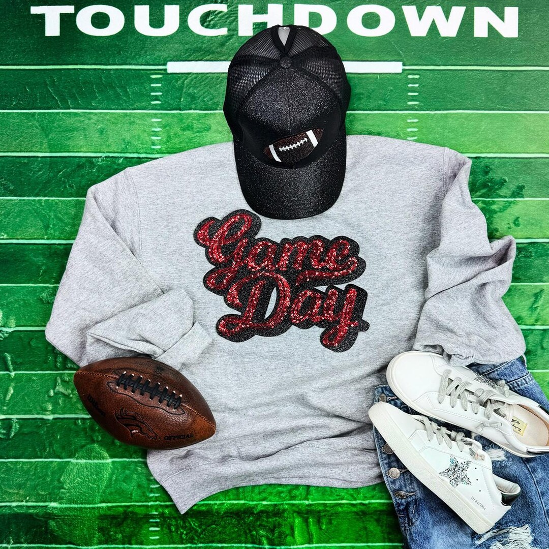 Game Day Red Sequins Chenille Patch Crewneck Sweatshirt - Game Day ...
