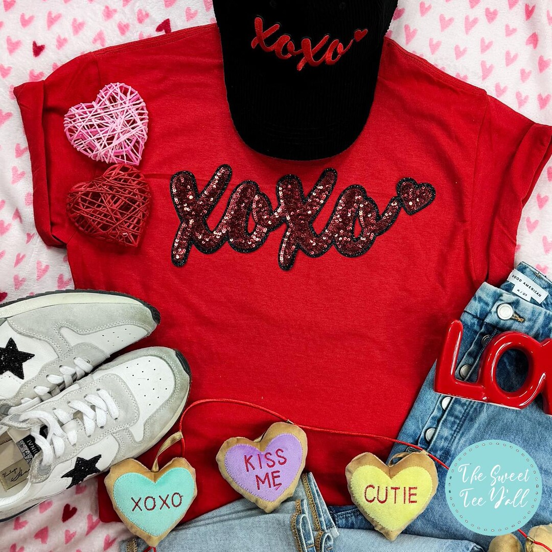 Red XOXO Sequins Patch Valentine's Day Shirt Valentine's Day Shirt Love Shirt XOXO Sequins Shirt ...