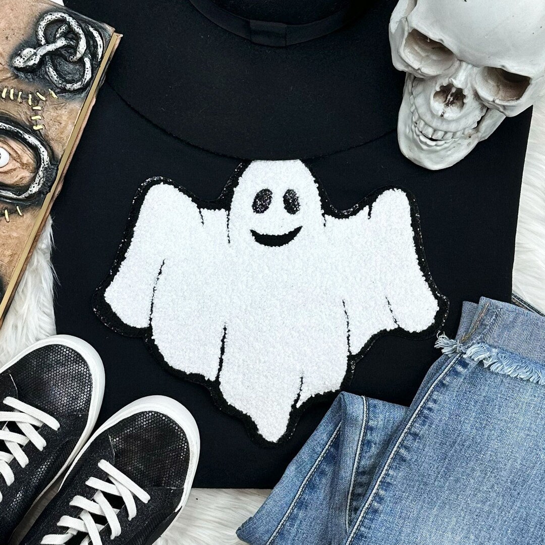 Halloween Glitter Ghost Chenille Patch Crewneck Sweatshirt - Chenille Patch Sweatshirt ...