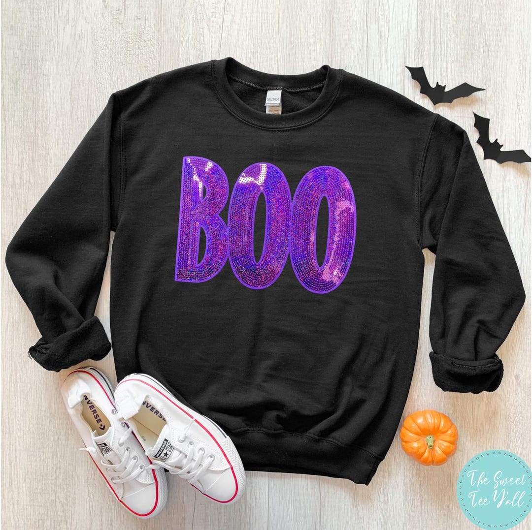 Sequin Purple Boo Chenille Patch Crewneck Sweatshirt - Chenille Patch ...