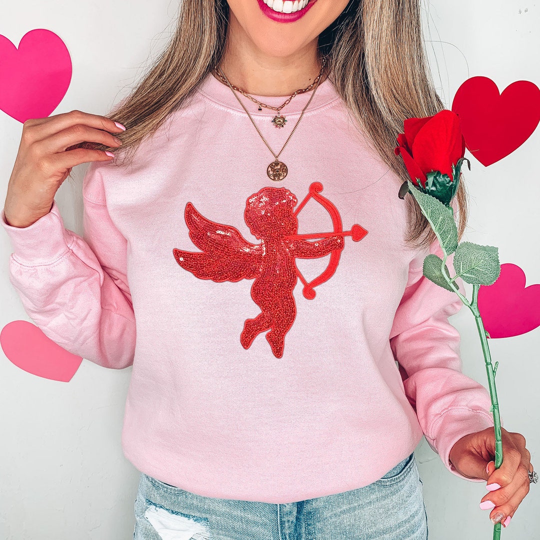 Cupid Sequins Valentine's Day Chenille Patch Crewneck Sweatshirt ...