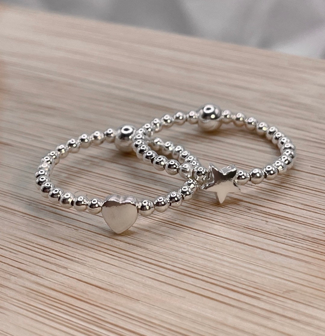Stacking Ring With Star or Heart Bead | Sterling Silver Stretch Ring ...