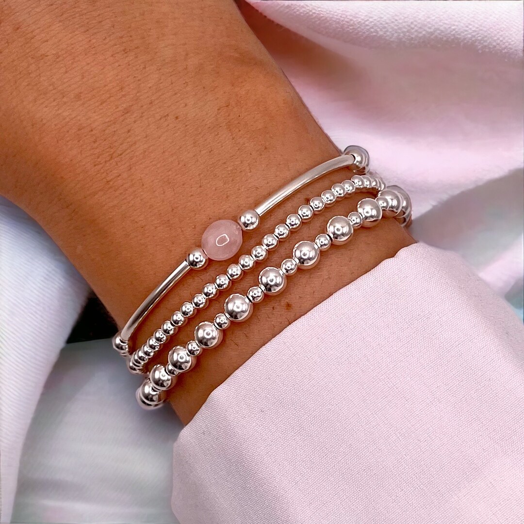 ROSE QUARTZ STACKING Set | Genuine Rose Quartz Gemstone | Sterling ...