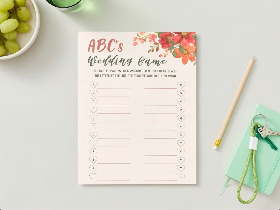 Abc's Wedding Game - Bridal Shower Game, Printable Bridal Shower Game ...
