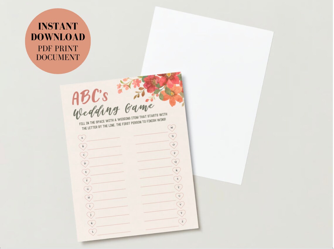 Abc's Wedding Game - Bridal Shower Game, Printable Bridal Shower Game ...